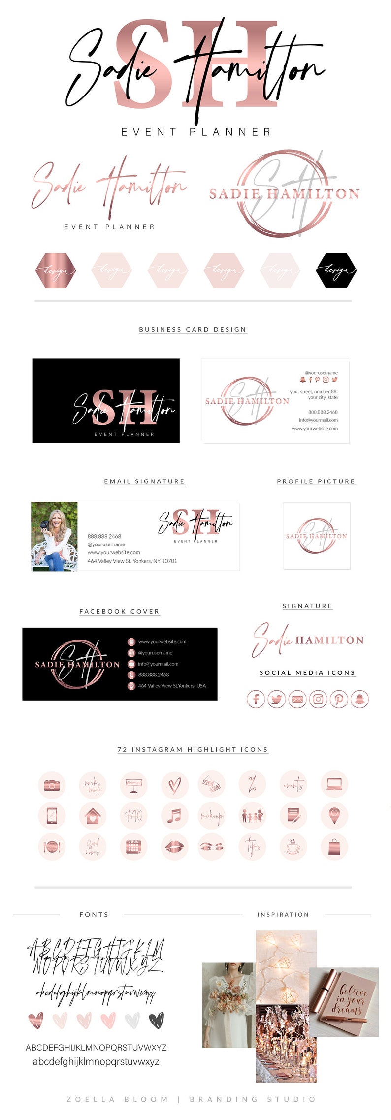 Rose Gold Event Planner Logo Feminine Calligraphy Premade - Etsy