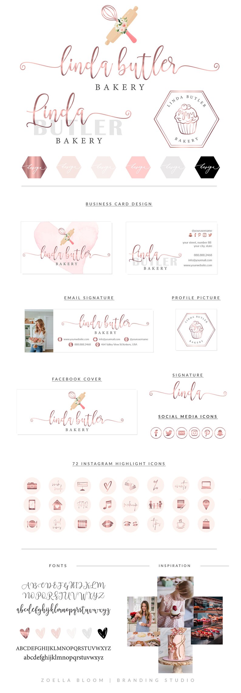 Bakery Logo, Rose Gold Premade Package, Floral Logo, Calligraphy, Cute ...