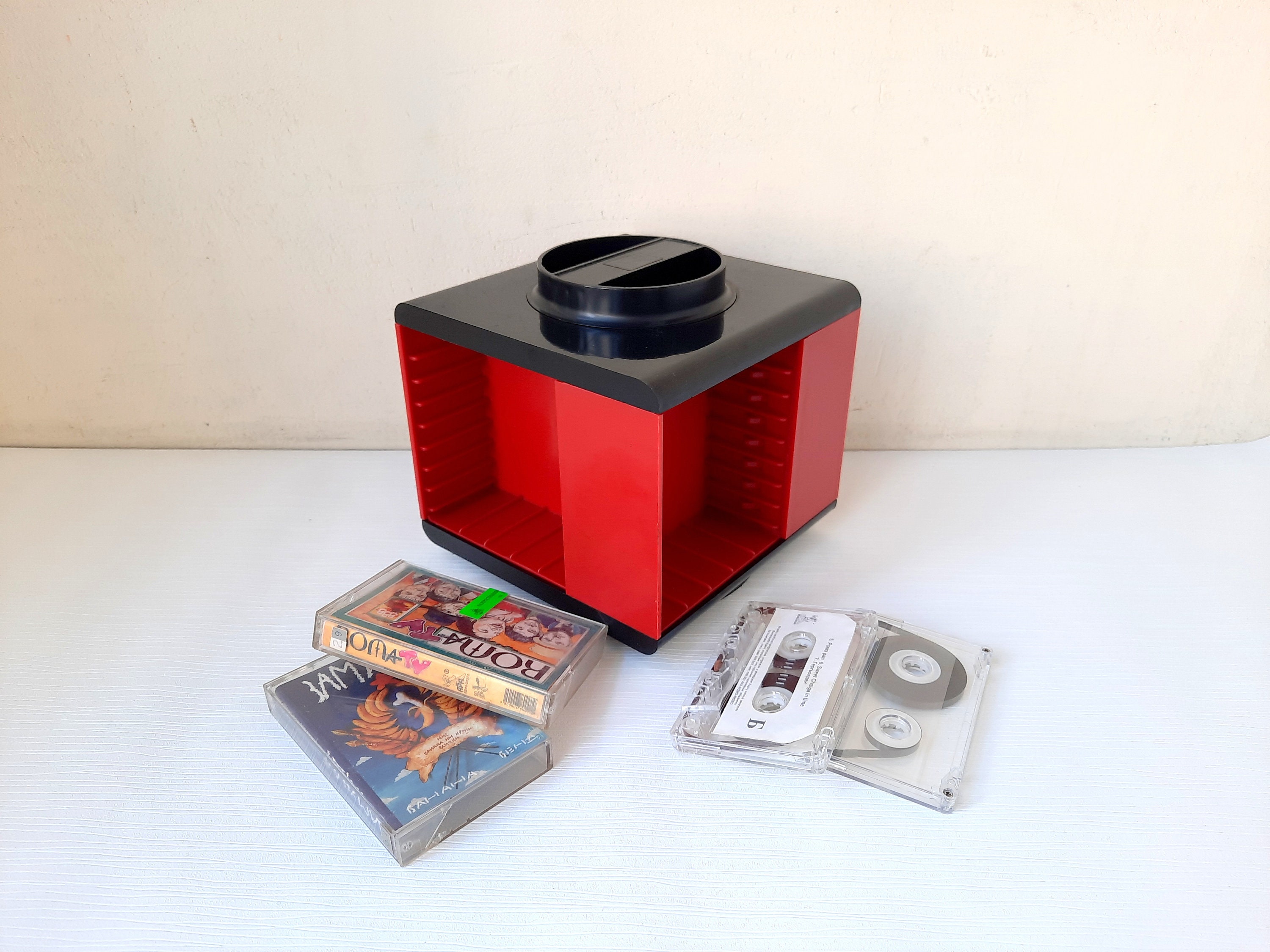 Vintage Rotating Cassette Holder, Cassette Carousel, Red and Black ...