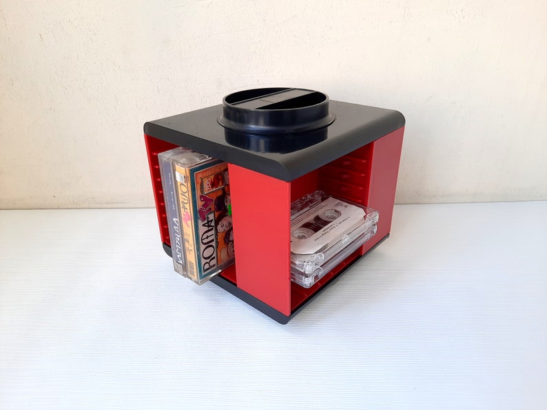 Vintage Rotating Cassette Holder, Cassette Carousel, Red and Black ...