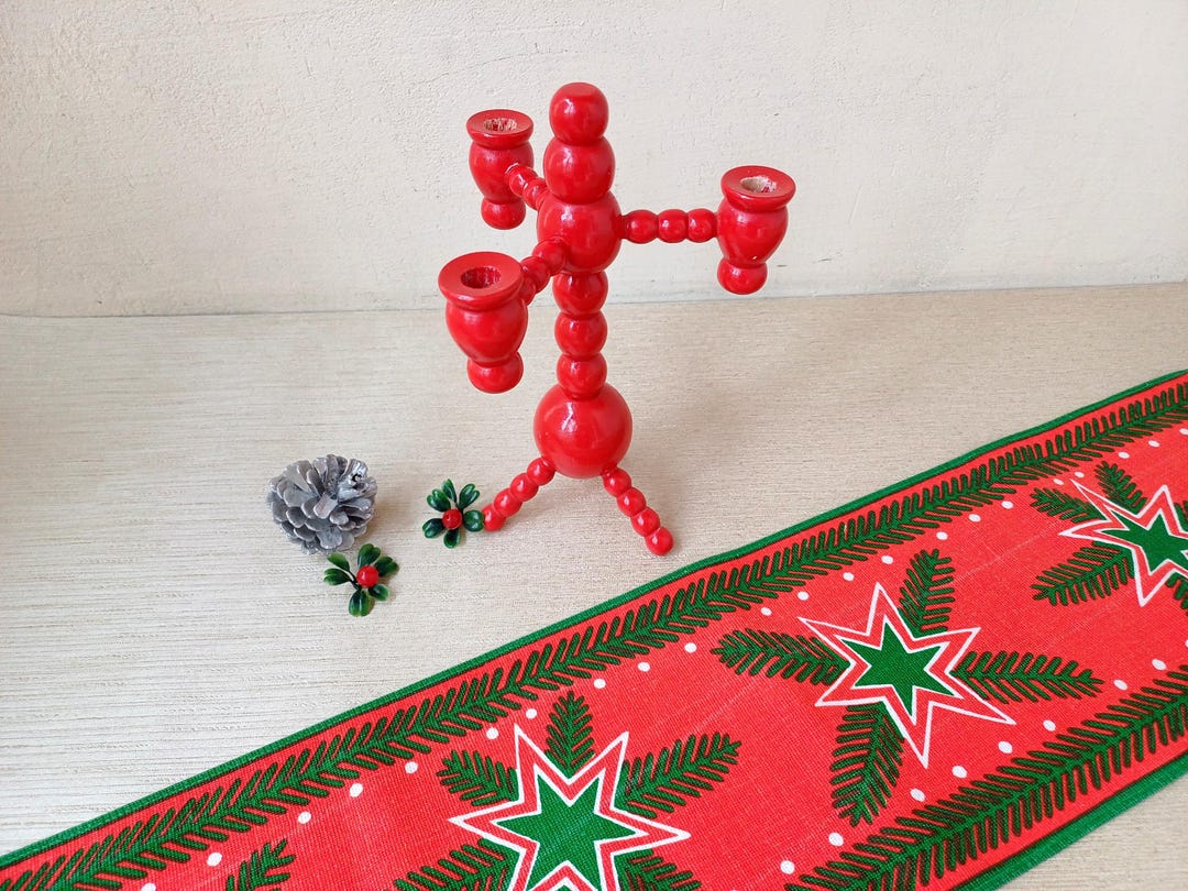 Vintage Small Candelabra, Swedish Red Candelabra, Wooden Candle Holder ...