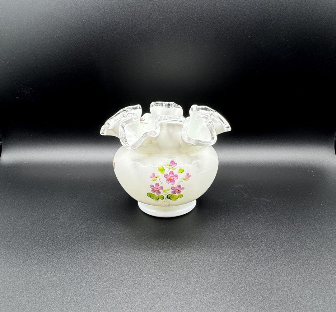 FENTON - Rose Bowl Vase - “violets in the Snow Rose” Hand Painted and ...