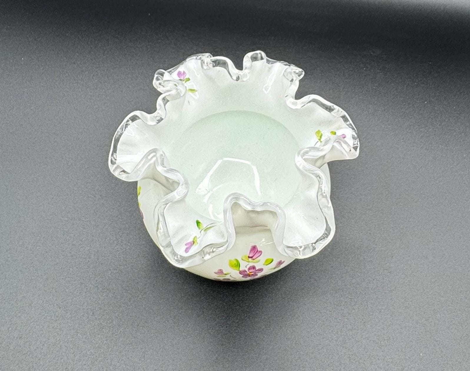 FENTON - Rose Bowl Vase - “violets in the Snow Rose” Hand Painted and ...