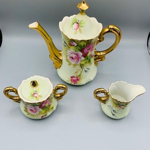 Lefton Teapot Set With Sugar Bowl W Lid and Creamer Green Heritage With ...