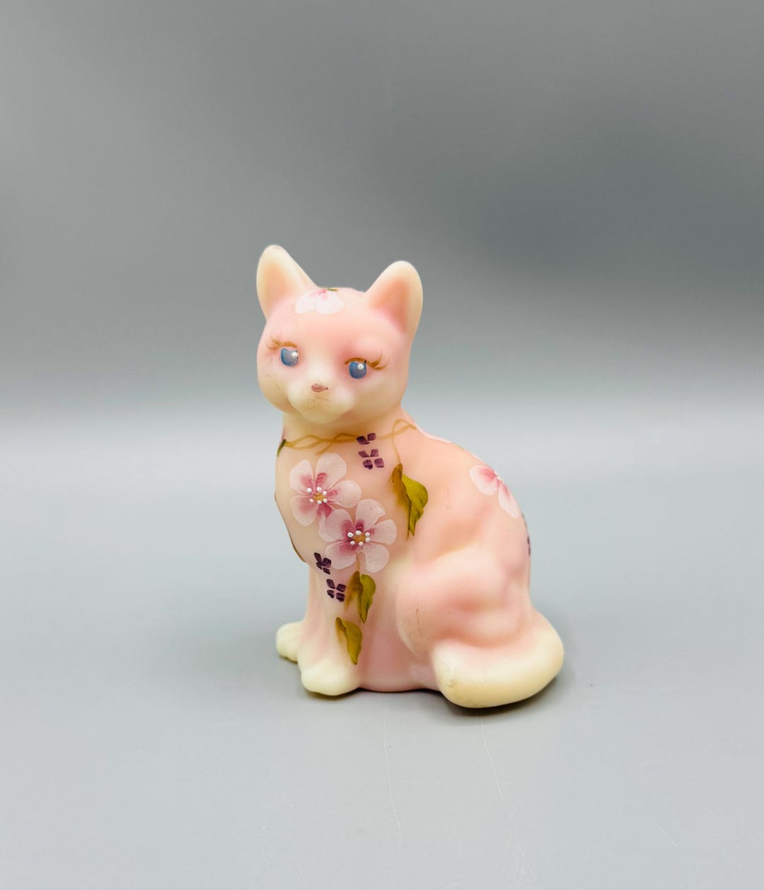 Fenton - Burmese Glass Sitting Cat - Glows UV Reactive - Hand Painted ...
