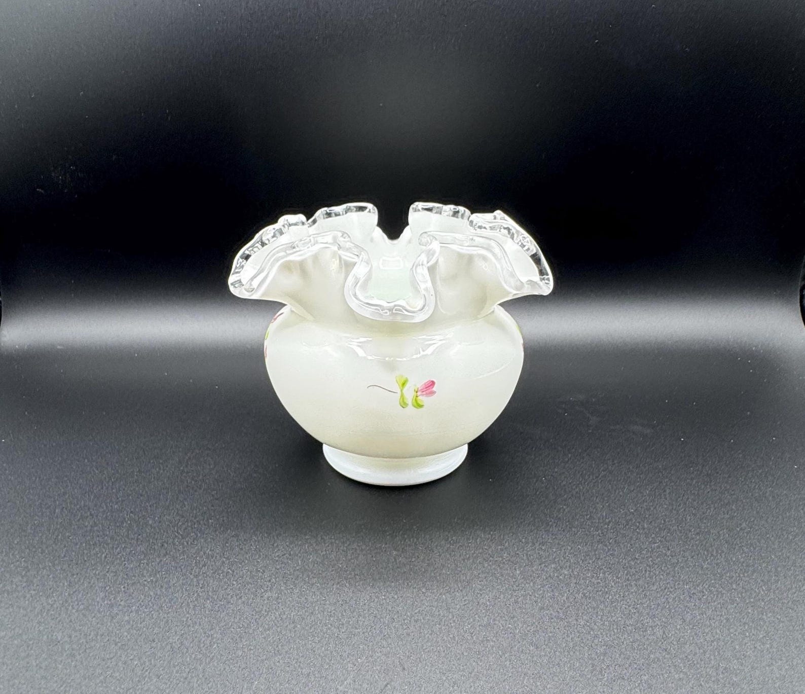 FENTON - Rose Bowl Vase - “violets in the Snow Rose” Hand Painted and ...