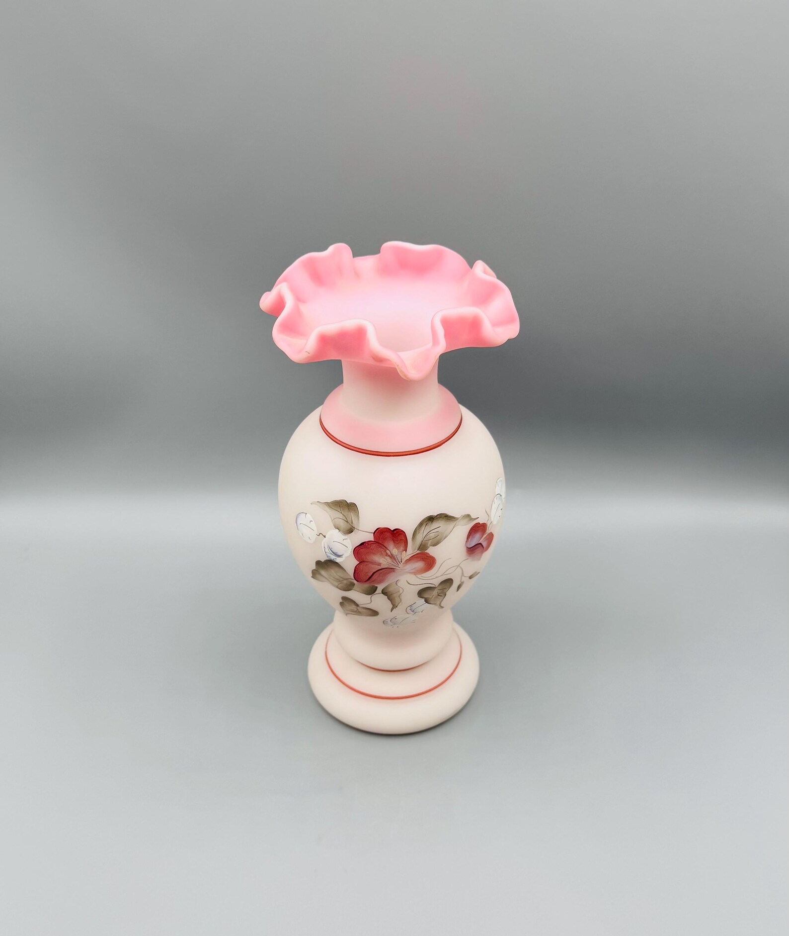 FENTON - Rosalene Satin Glass Vase - Hand Painted Florals by Artist ...