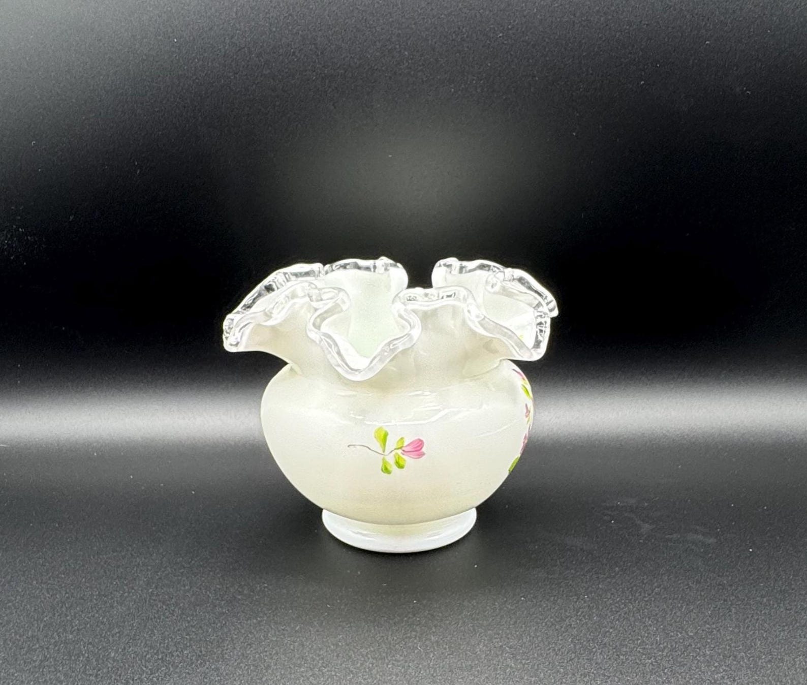 FENTON - Rose Bowl Vase - “violets in the Snow Rose” Hand Painted and ...