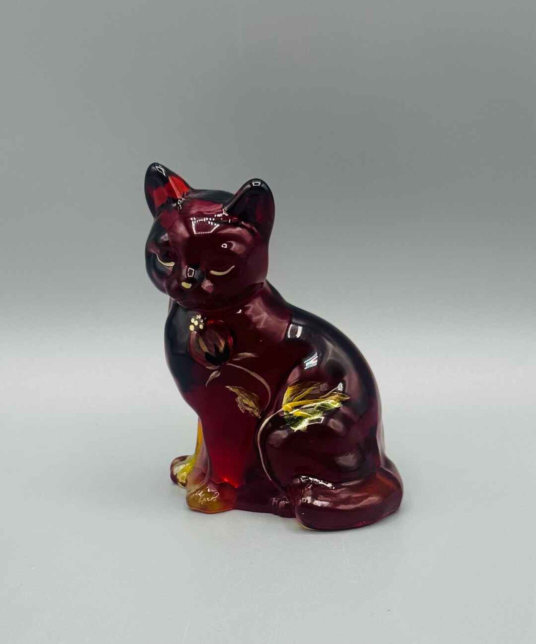 Fenton Sitting Cat Ruby Red Amberina Glass Gold Flowers Handpainted and ...