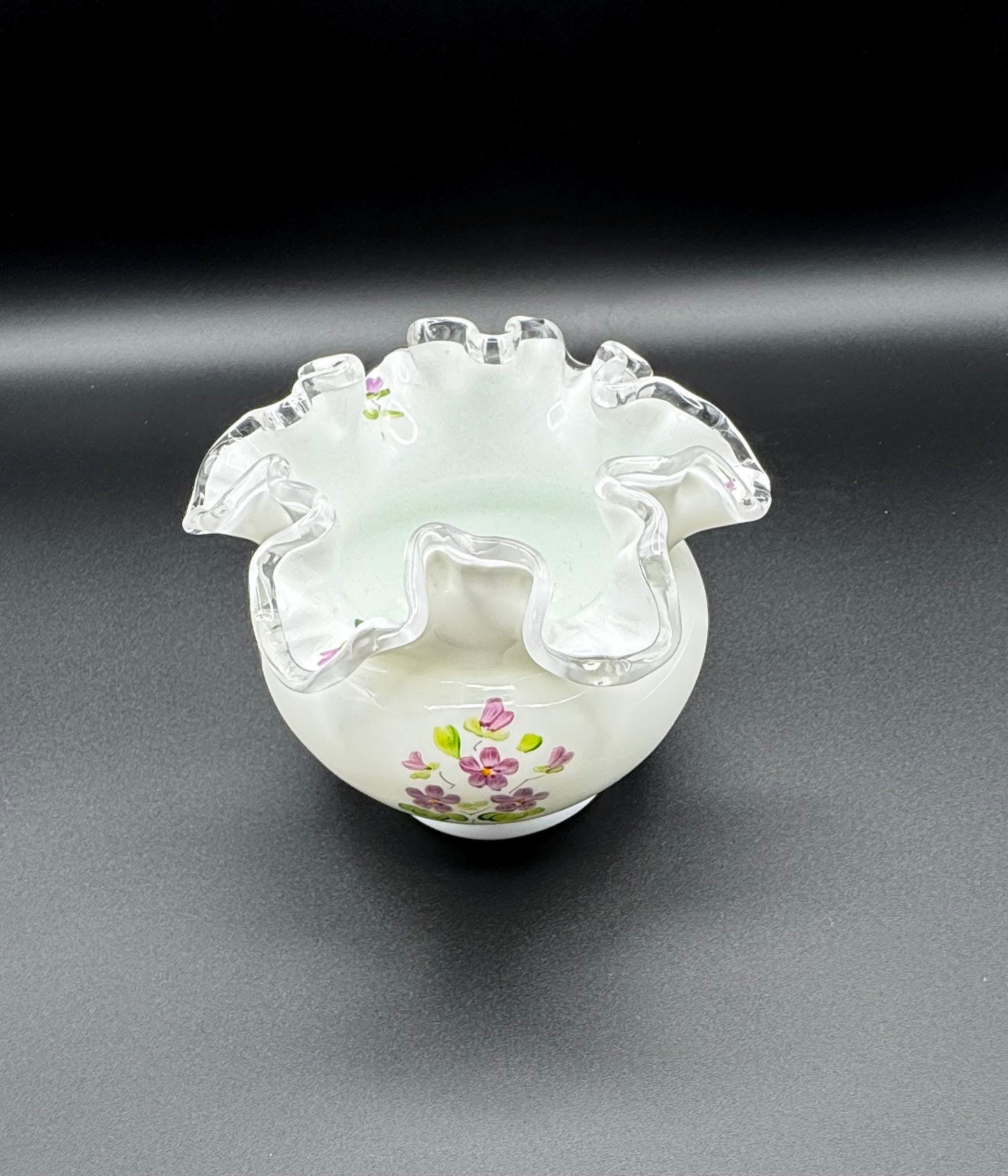 FENTON - Rose Bowl Vase - “violets in the Snow Rose” Hand Painted and ...