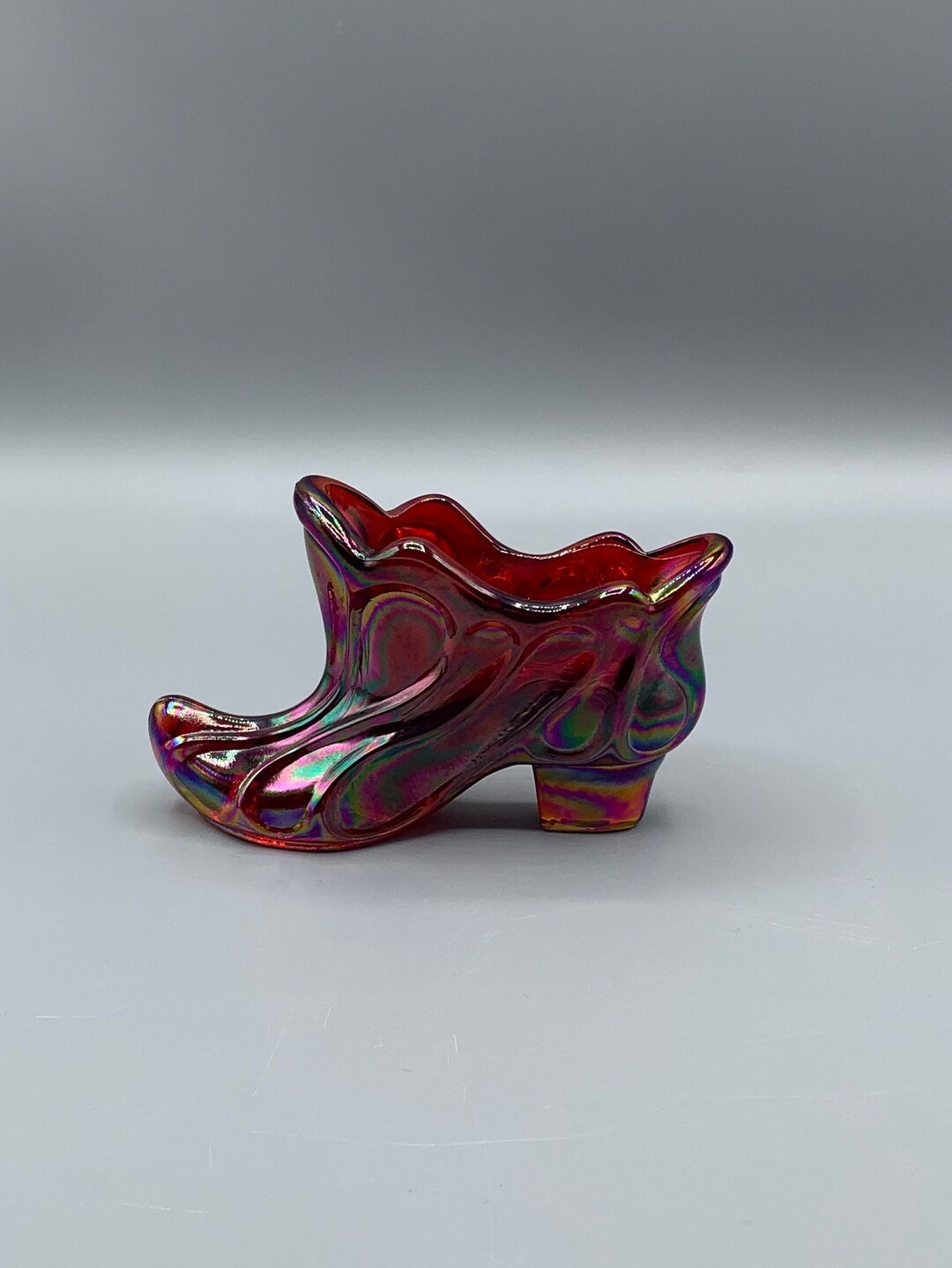 Fenton Art Glass Swirl Design Shoe Red Carnival Iridescent Glows Orange ...