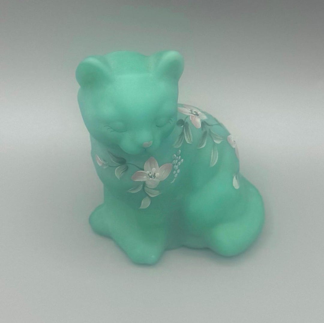Fenton -sitting Cat - Jade Green Satin Glass - Pink and White Flowers ...