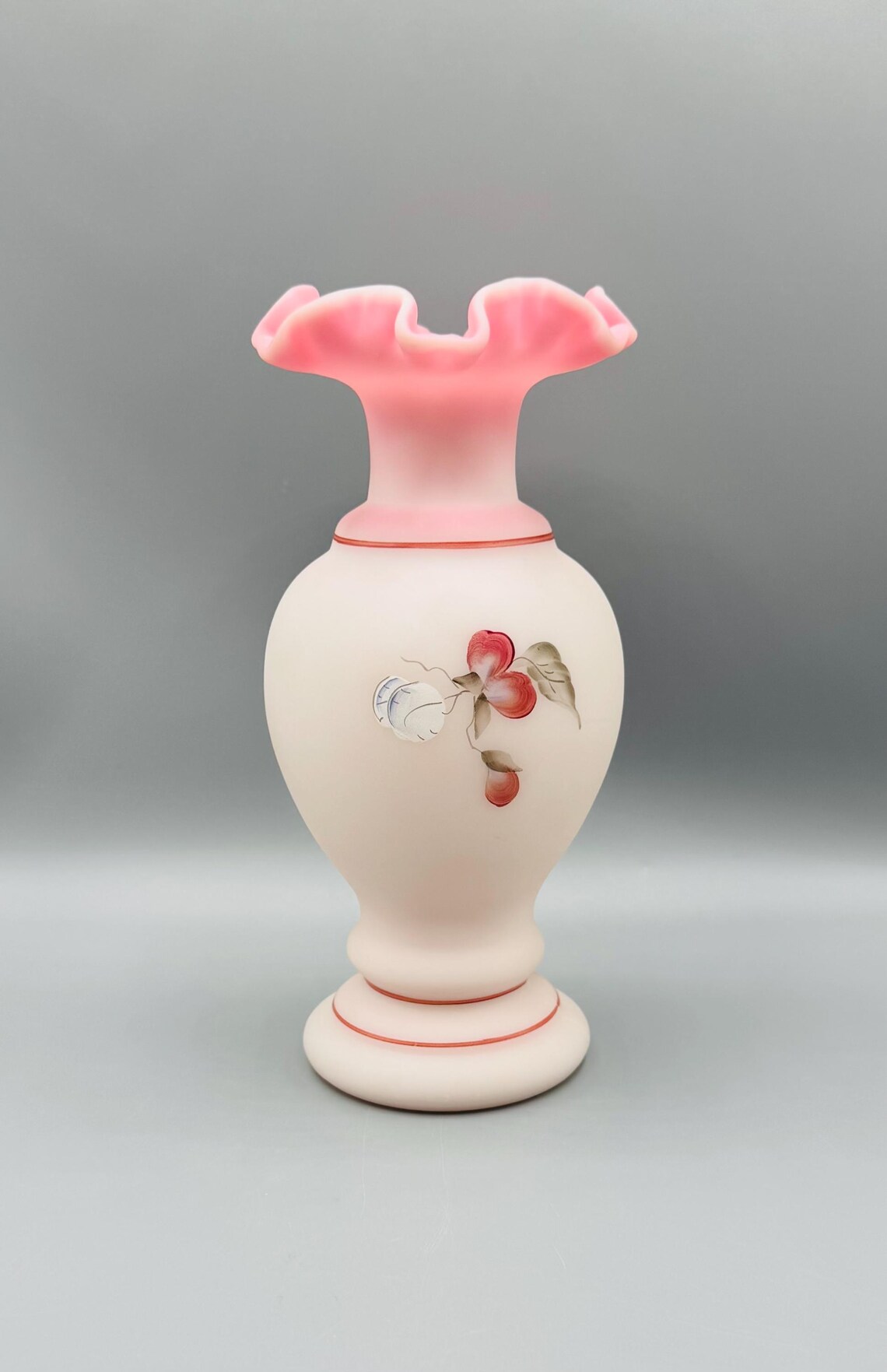FENTON - Rosalene Satin Glass Vase - Hand Painted Florals by Artist ...