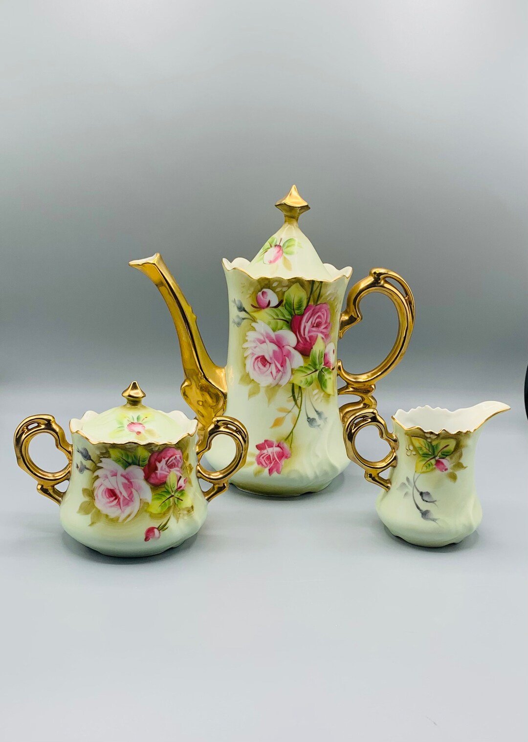 Lefton Teapot Set With Sugar Bowl W Lid and Creamer Green Heritage With ...