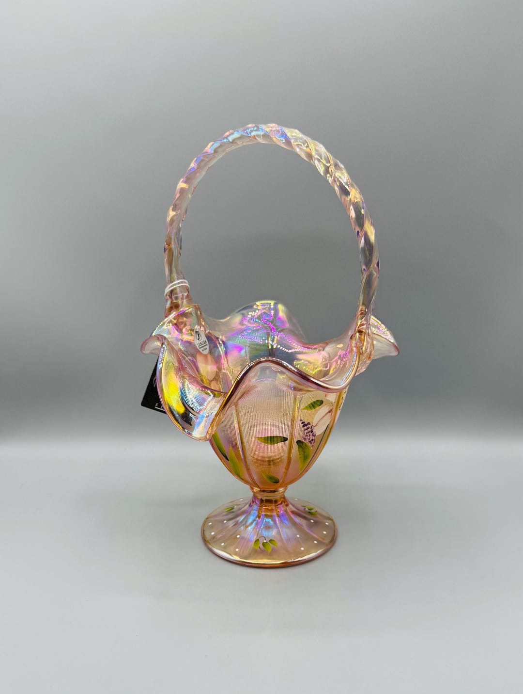 FENTON- Champagne Pink Iridized Basket- Hand Painted Florals Signed by ...