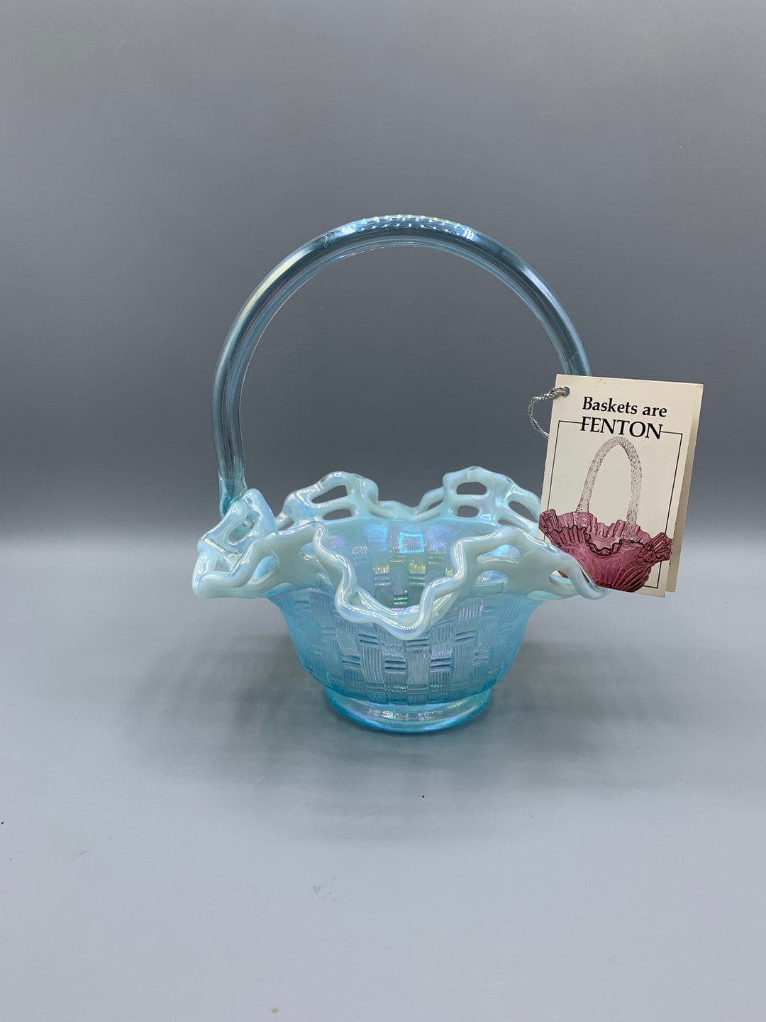 Fenton Iridescent Blue Glass Basket Weave /opalescent Open Weave Ruffle ...