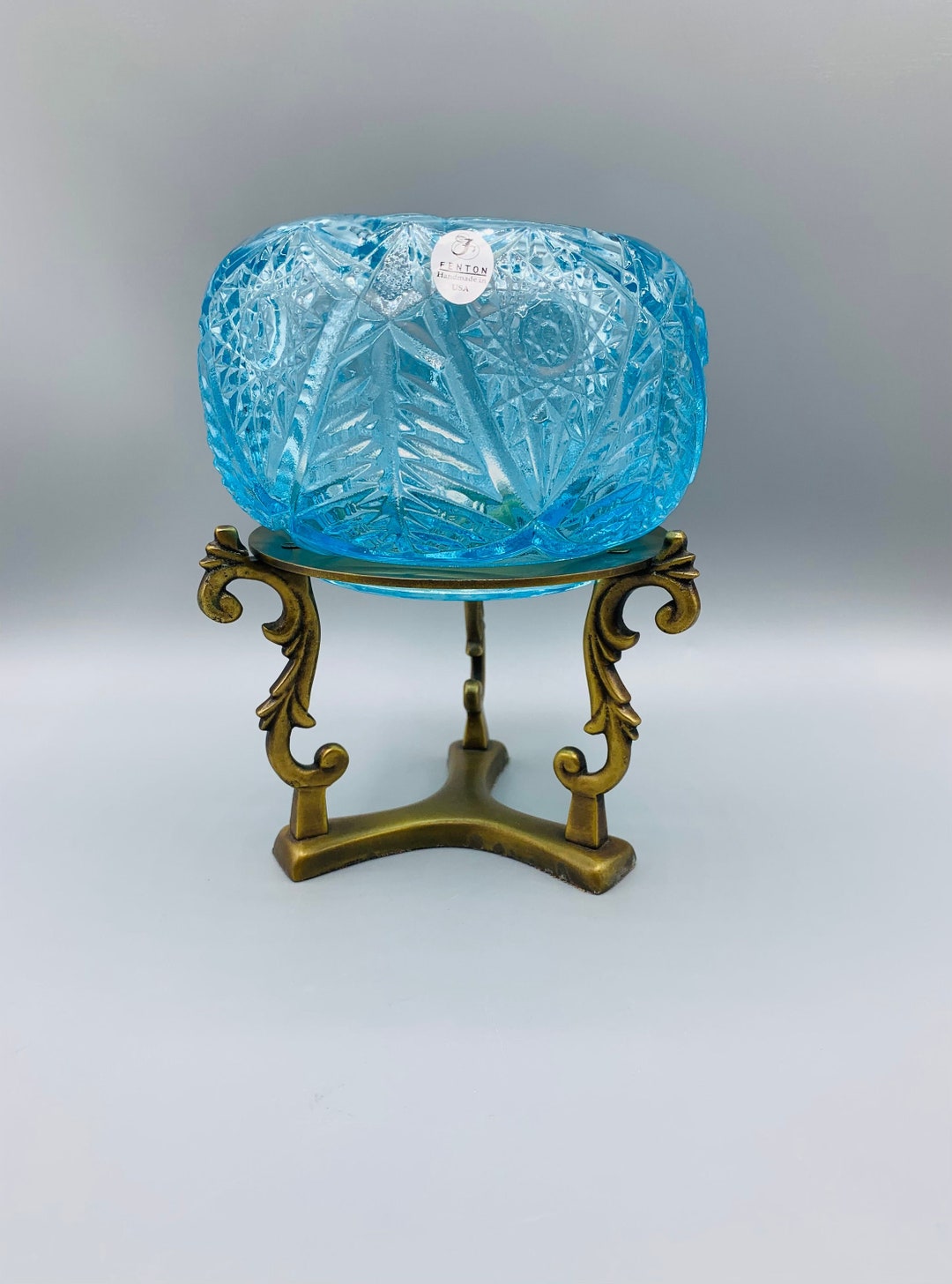 Fenton Aqua Blue Glass Rose Bowl on Brass Stand Scalloped Rim Fenton ...