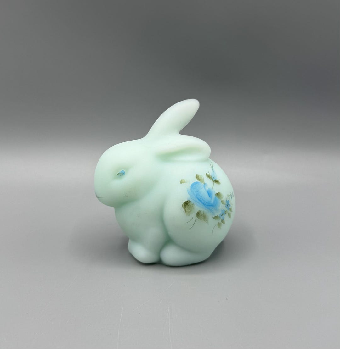 Fenton - Chubby Bunny - Light Blue Satin Glass With Hand Painted Blue ...