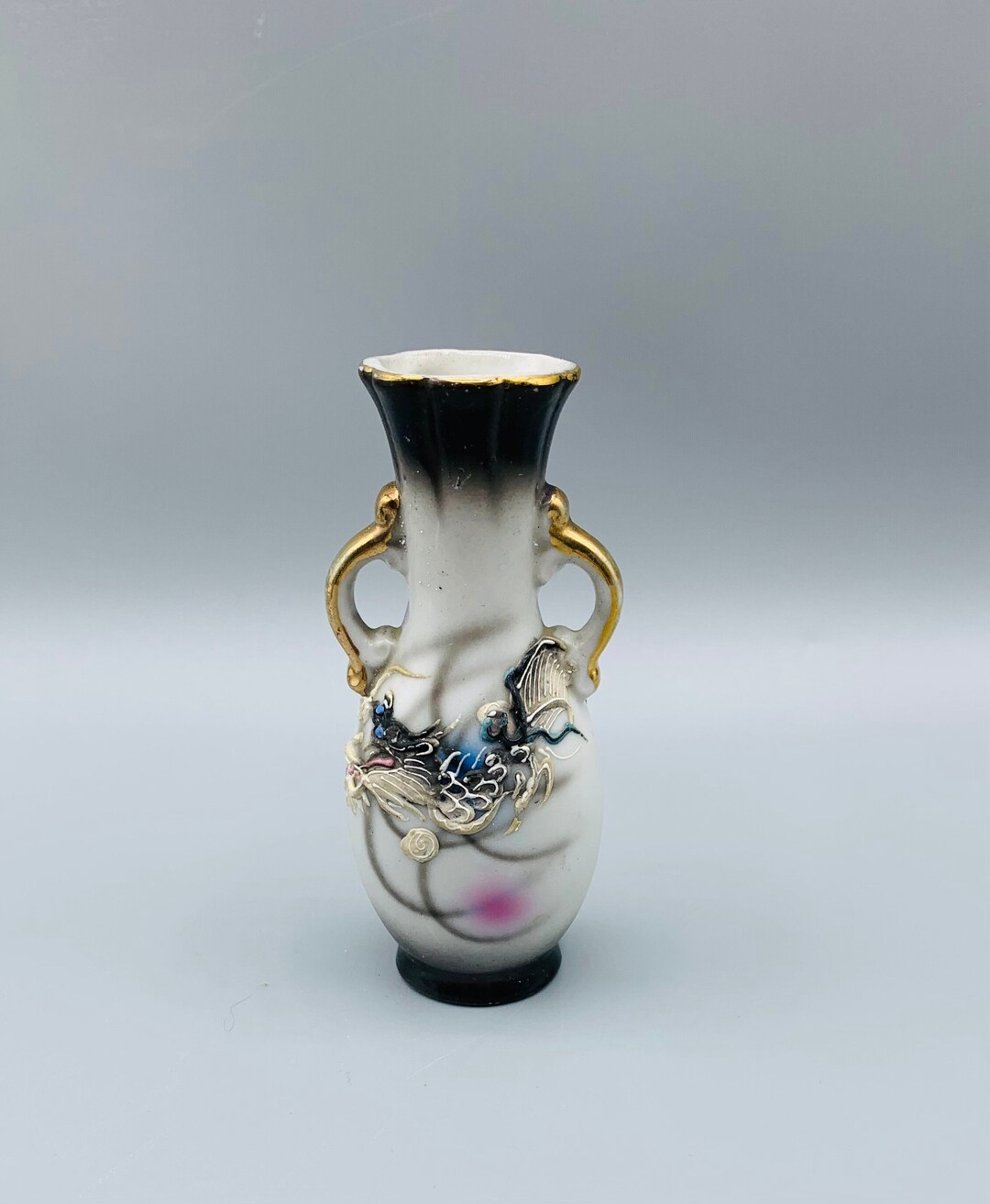 Dragon Ware Mini Vase Moriage Pottery Applied Gold Handles Japan READ ...