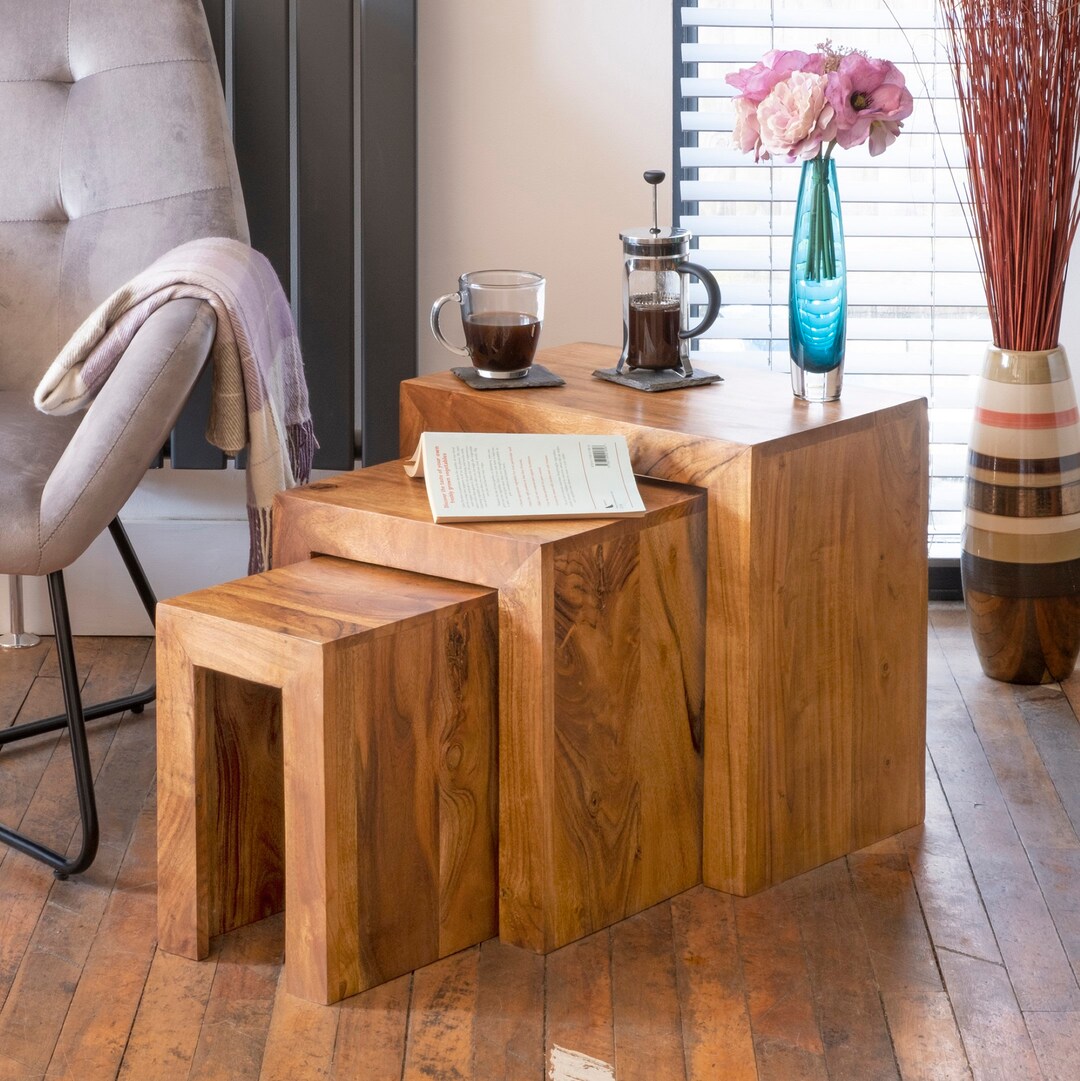 Acacia Wood Handmade Cube Nest of Tables - Etsy UK