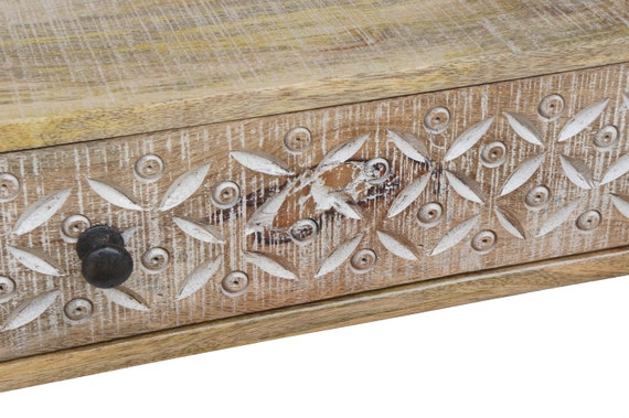 Mango Wood Coffee Table With Hand Carved Drawer Distressed Lime Washed Etsy UK