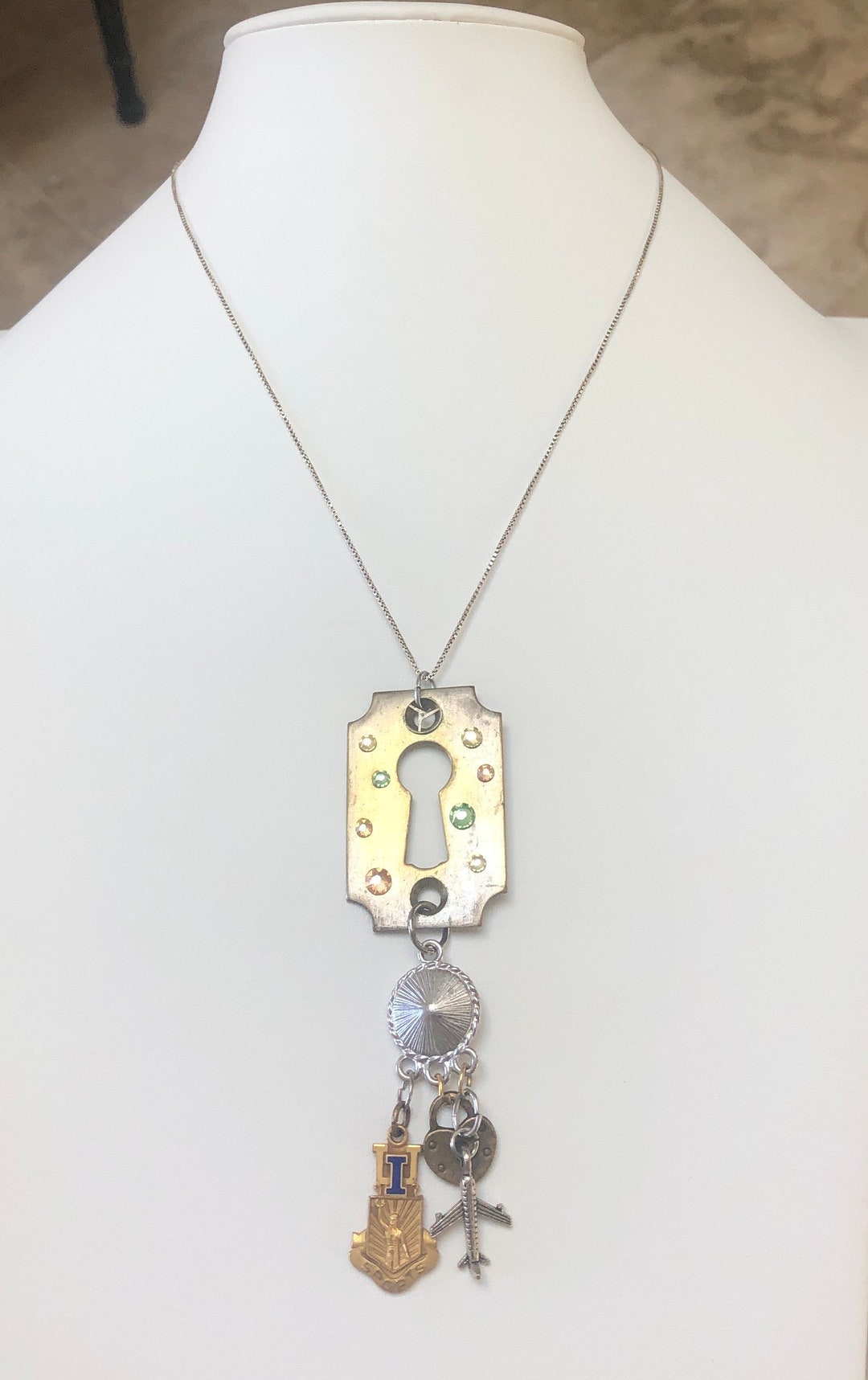 Steampunk Brass Keyhole Pendant Necklace: With Crystal Embellishment ...