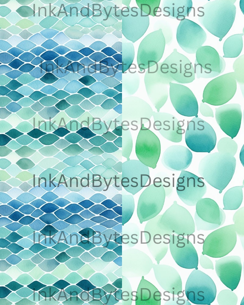 Blue Green Watercolor Seamless 12x12in Digital Paper, Digital Design ...