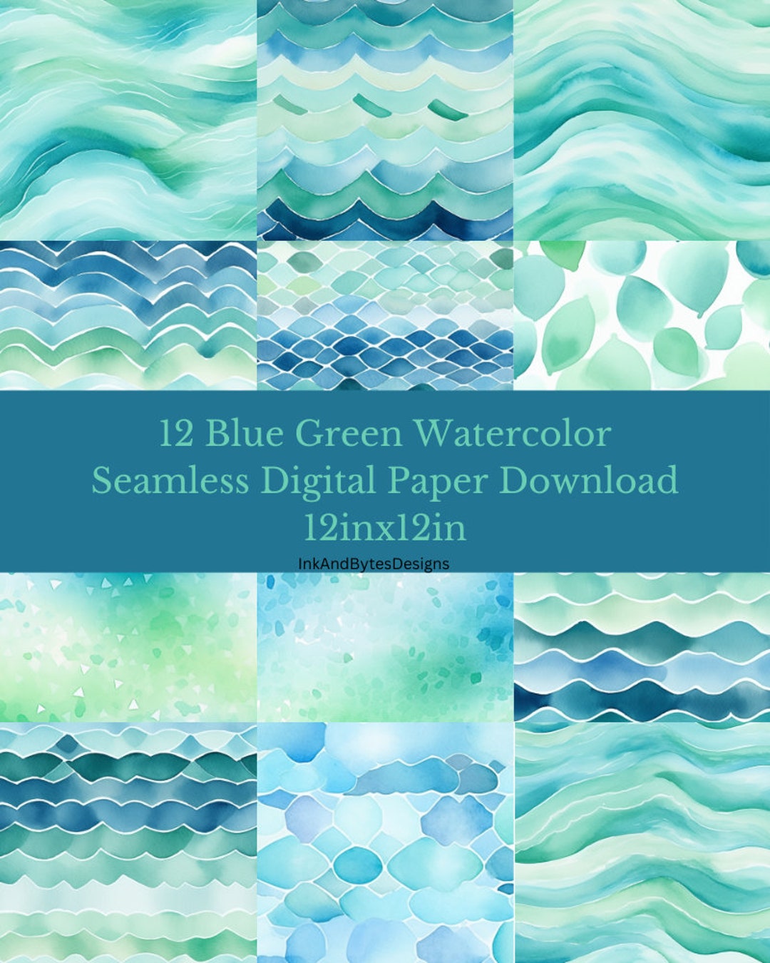 Blue Green Watercolor Seamless 12x12in Digital Paper, Digital Design ...