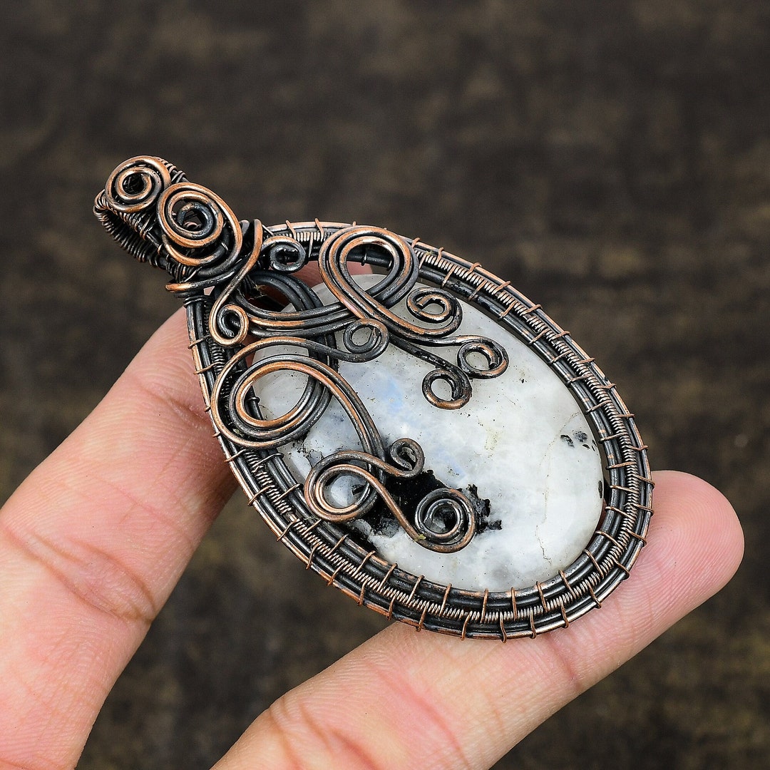 Natural Rainbow Moonstone Wire Wrap Pendant, Gemstone Pendant, White ...