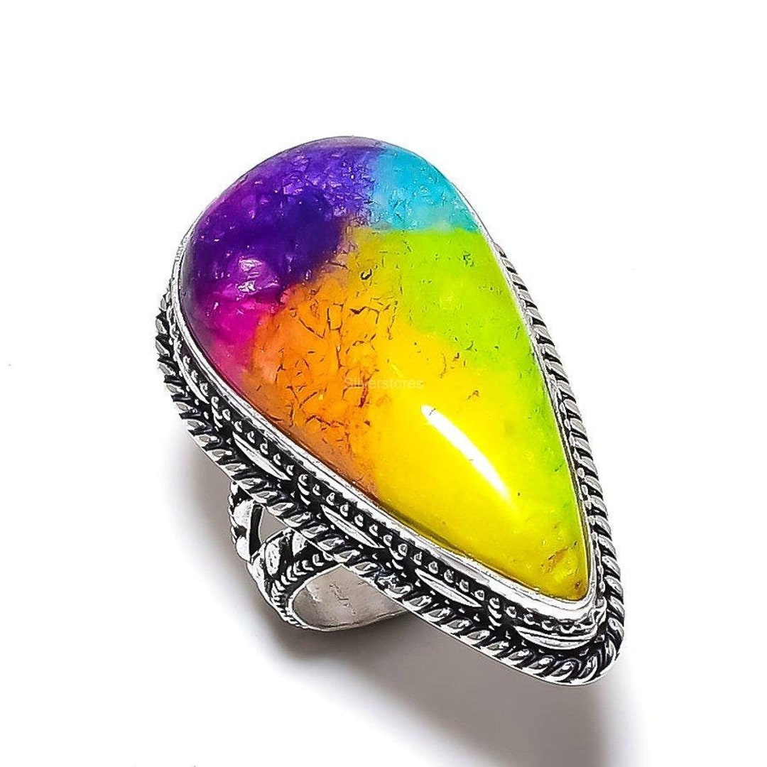 100% Genuine Rainbow Solar Quartz Ring, Multi Color Gemstone Ring, Band ...