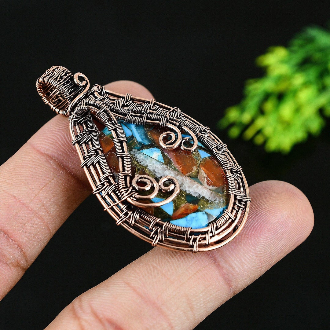 Antique Natural Spiny Oyster Turquoise Wire Wrap Pendant, Gemstone ...