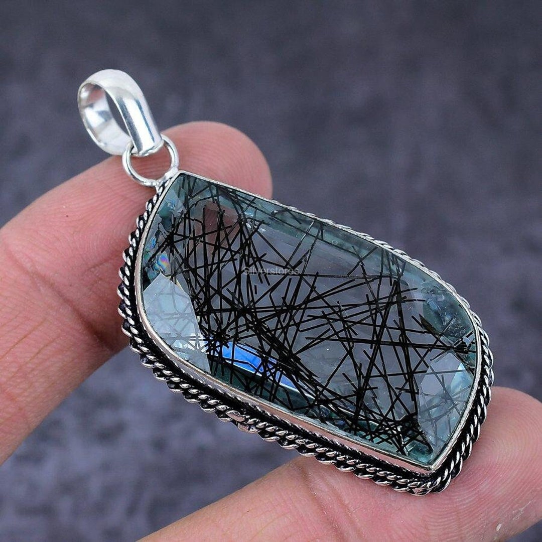Rare Rutilated Quartz Pendant, Gemstone Pendant, Black Pendant, 925 ...