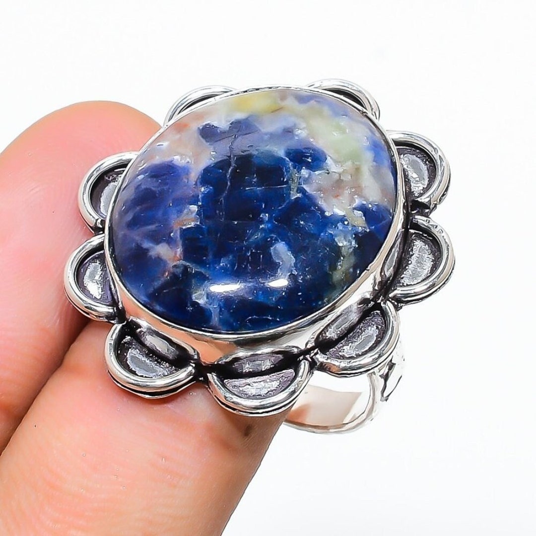 Precious Natural Sodalite Ring Ring Size 10, Gemstone Ring, Blue Band ...
