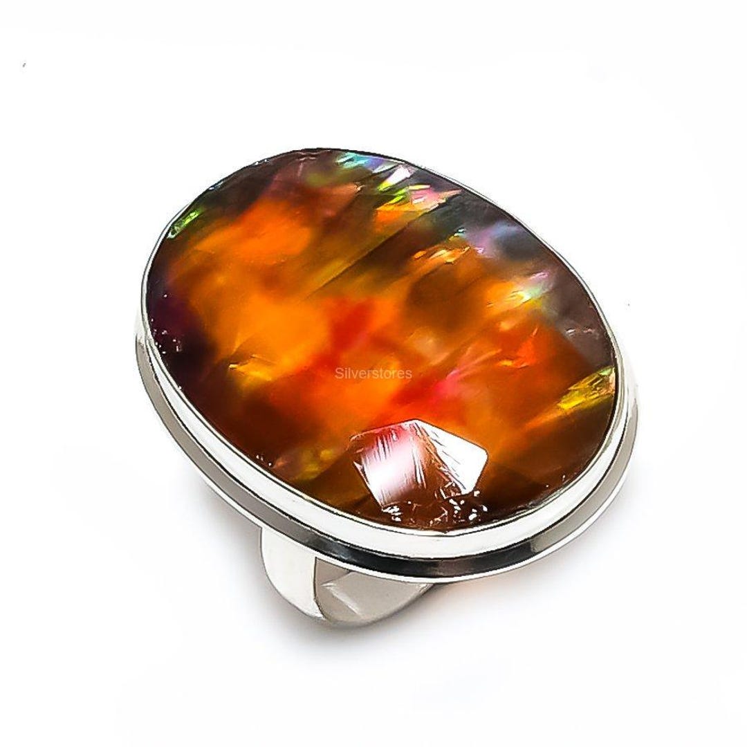 Handmade Natural Ammolite Ring, Multi Color Gemstone Ring, Band Ring ...