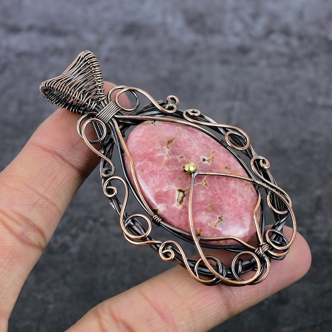 Elegant Natural Rhodochrosite Pendant, Gemstone Pendant, Pink Wire Wrap ...