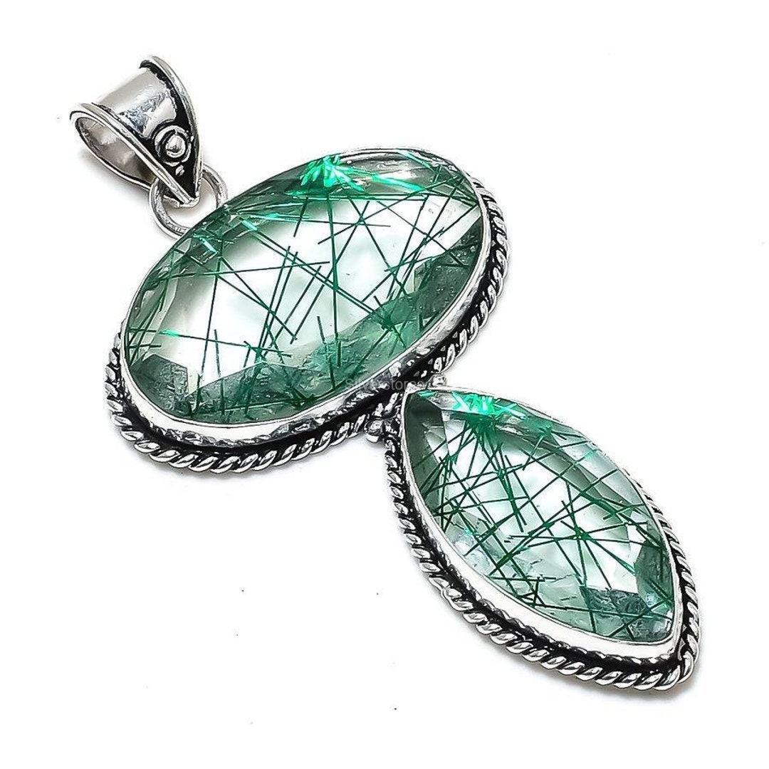 Vintage Natural Green Rutile Pendant, Gemstone Pendant, Green Pendant ...