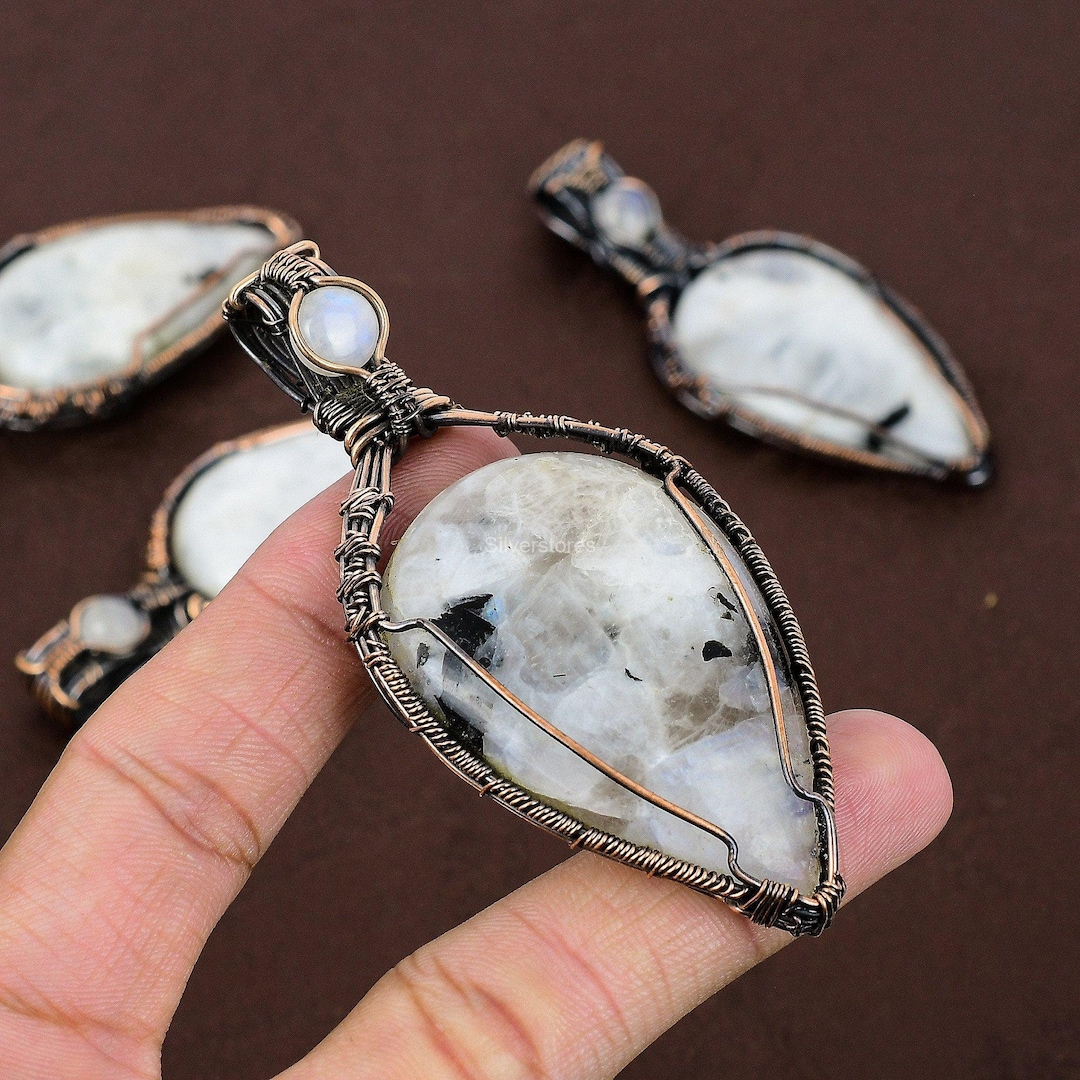 Elegant Natural Rainbow Moonstone Wire Wrap Pendant, Gemstone Pendant ...