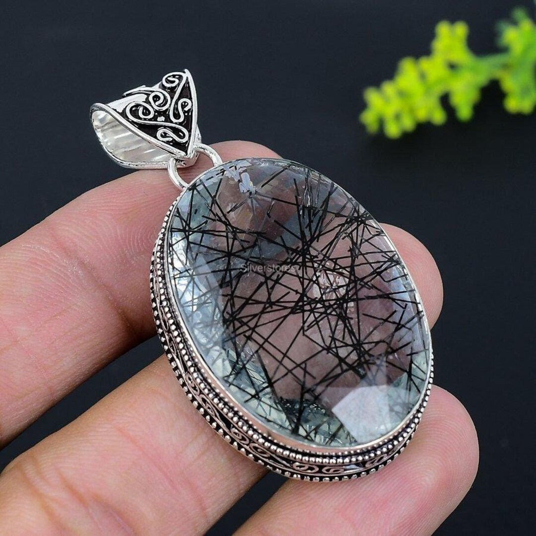 Valuable Rutilated Quartz Pendant, Black Gemstone Pendant, Pendant, 925 ...