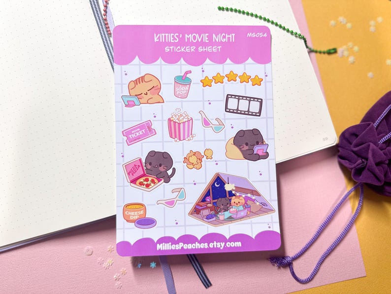 Kitties' Movie Night Sticker Sheet: Kawaii Planner Stickers, Cats ...