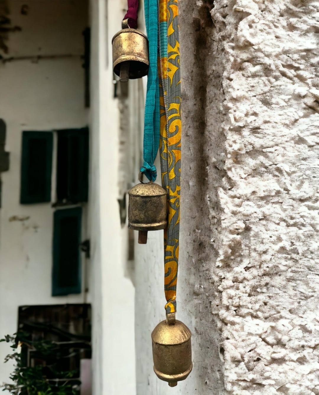 3 Vintage Tin Cow Bells Hanging Chime With Sari Fabric , Multicolour ...