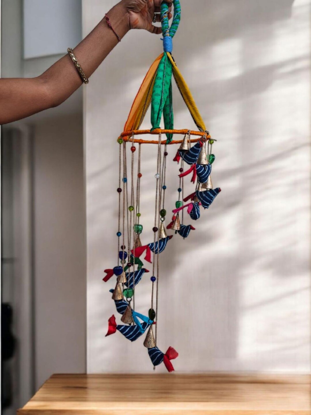 11 Indigo Birds Mobile Hanging Round Chime With Sari Fabric , Beads and ...
