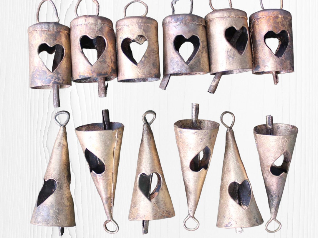 One Dozen 2.5" Inches Rustic Gold Heart Vintage Bells Antique Finish ...