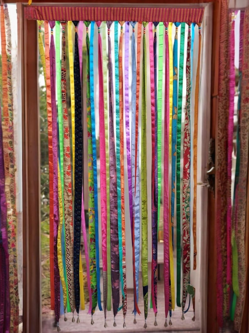 Silk Sari Ribbon Beaded Doorway Rod Pocket Curtain Room Divider ...