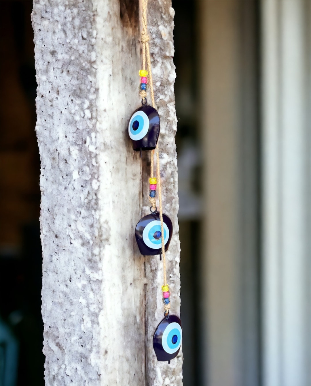 Hand Painted 3 Evil Eye Cluster Bells Hanging Chime With Glass Beads ...