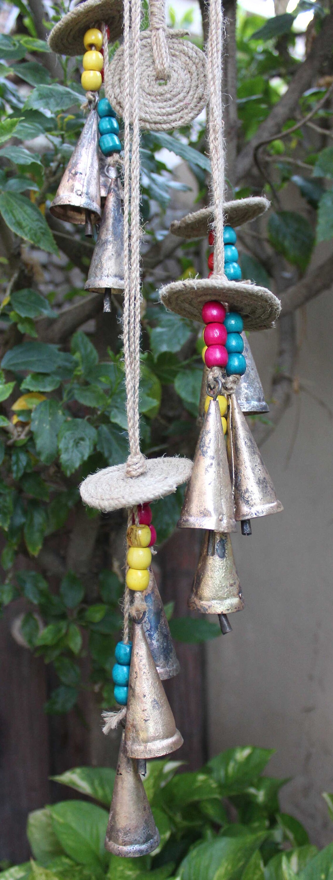 12 Vintage Tin Bells Jute Windchime Garden Outdoor Indoor | Etsy