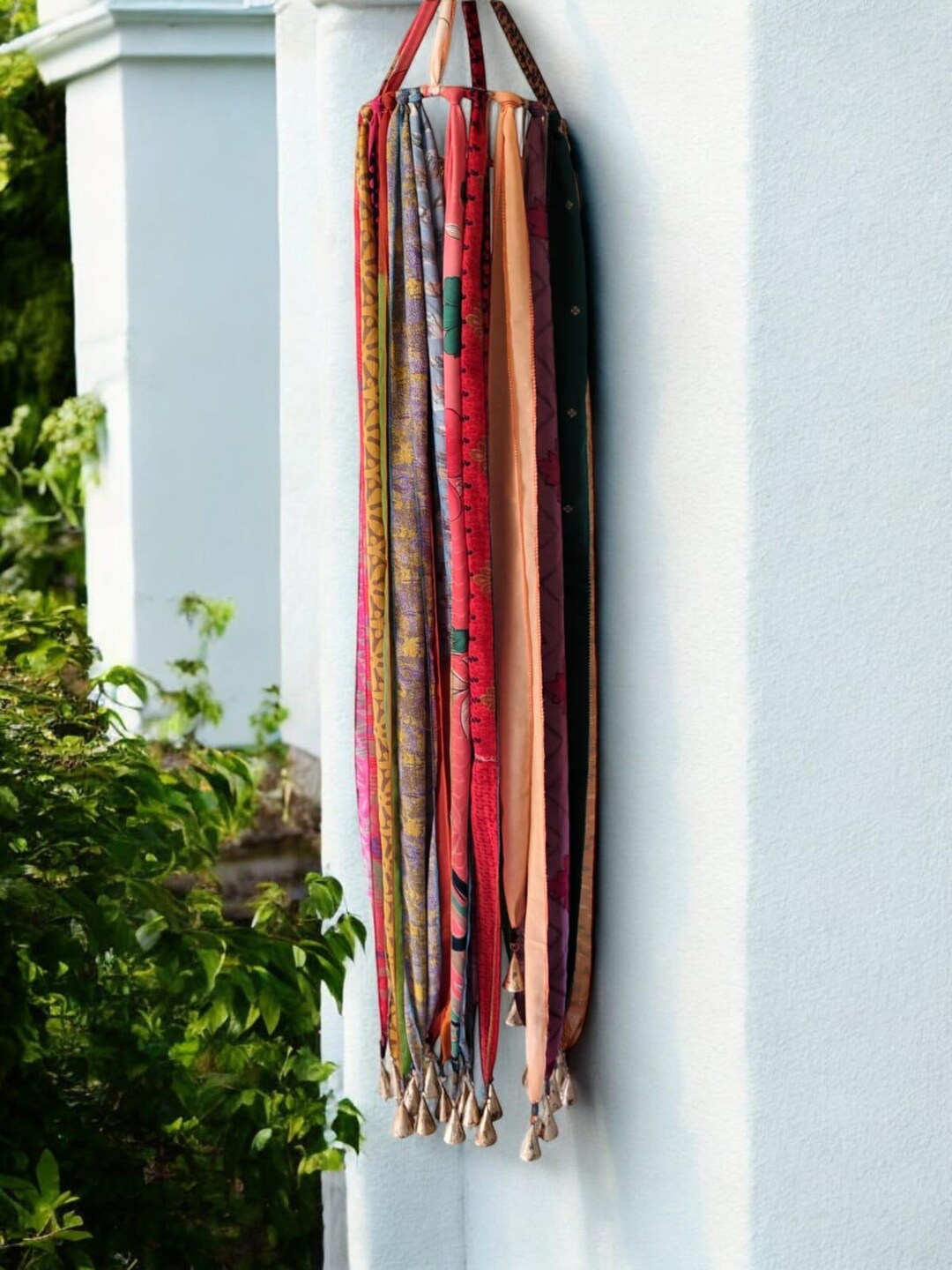 Old Silk Sari Fabric Boho Whimsical Multicolour Large Wind Chime Bells ...
