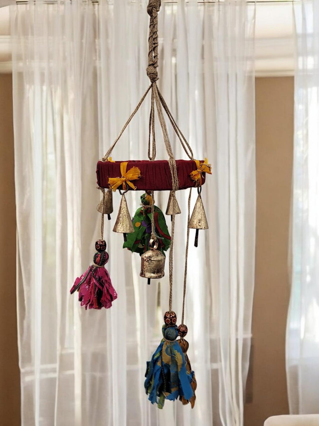 Old Silk Sari and Tin Bells Bohemian Theme Wind Chime Bells Decoration ...