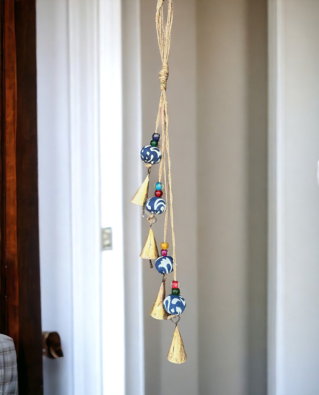 Handmade Iron Tin Cone Bells With Indigo Cotton Balls , Bohemian Wind ...