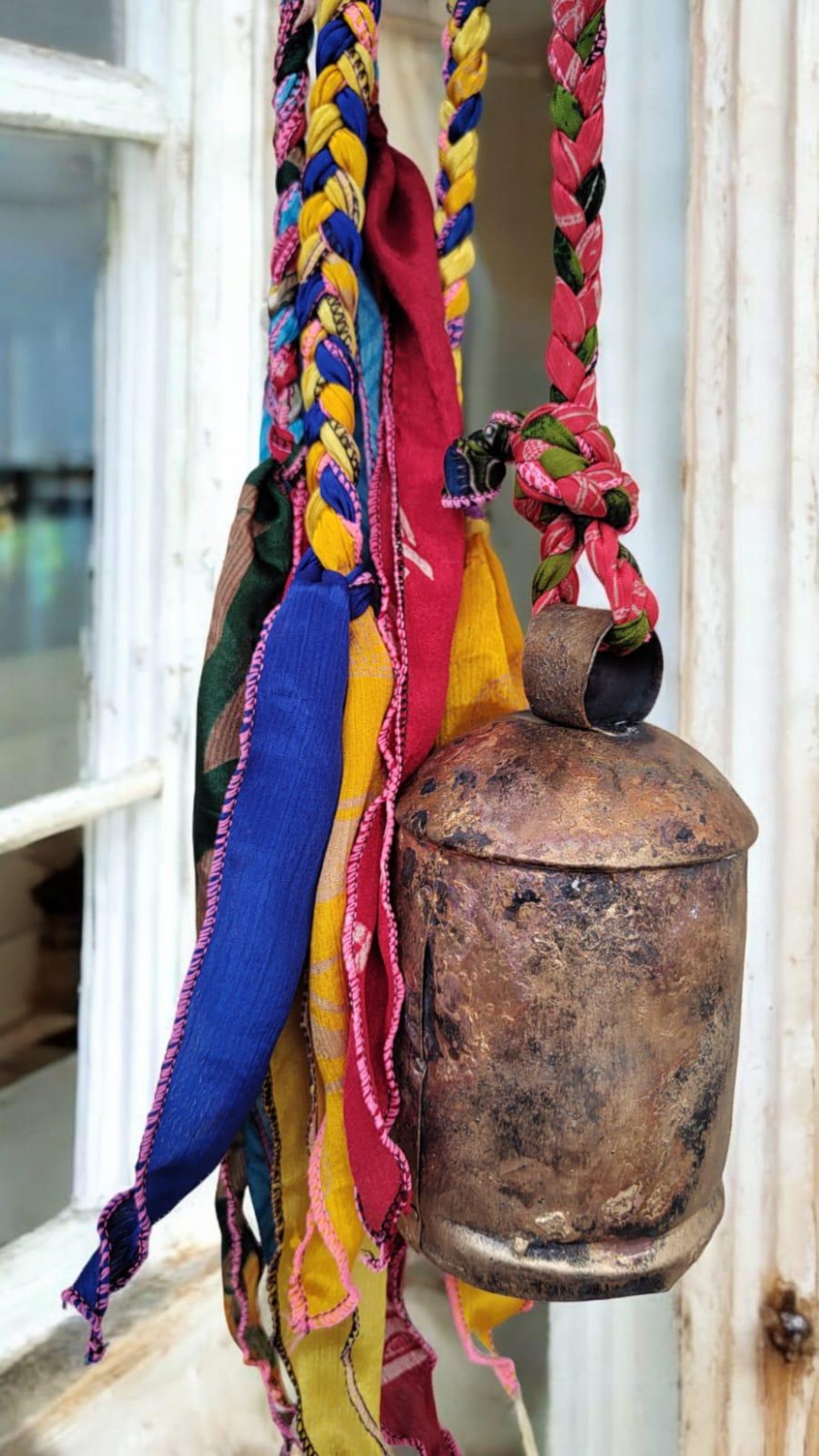 Rustic Cow Bell Wind Chime, Recycled Sari Fabric, Bohemian Decor - Etsy