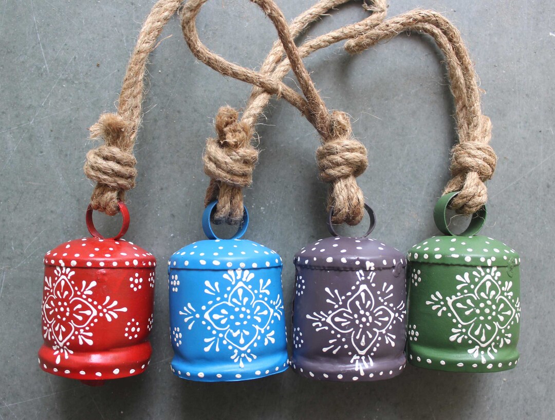 3.5" Inches Hand Painted Metal Bells With Jute Rope Pendulum for Indoor ...